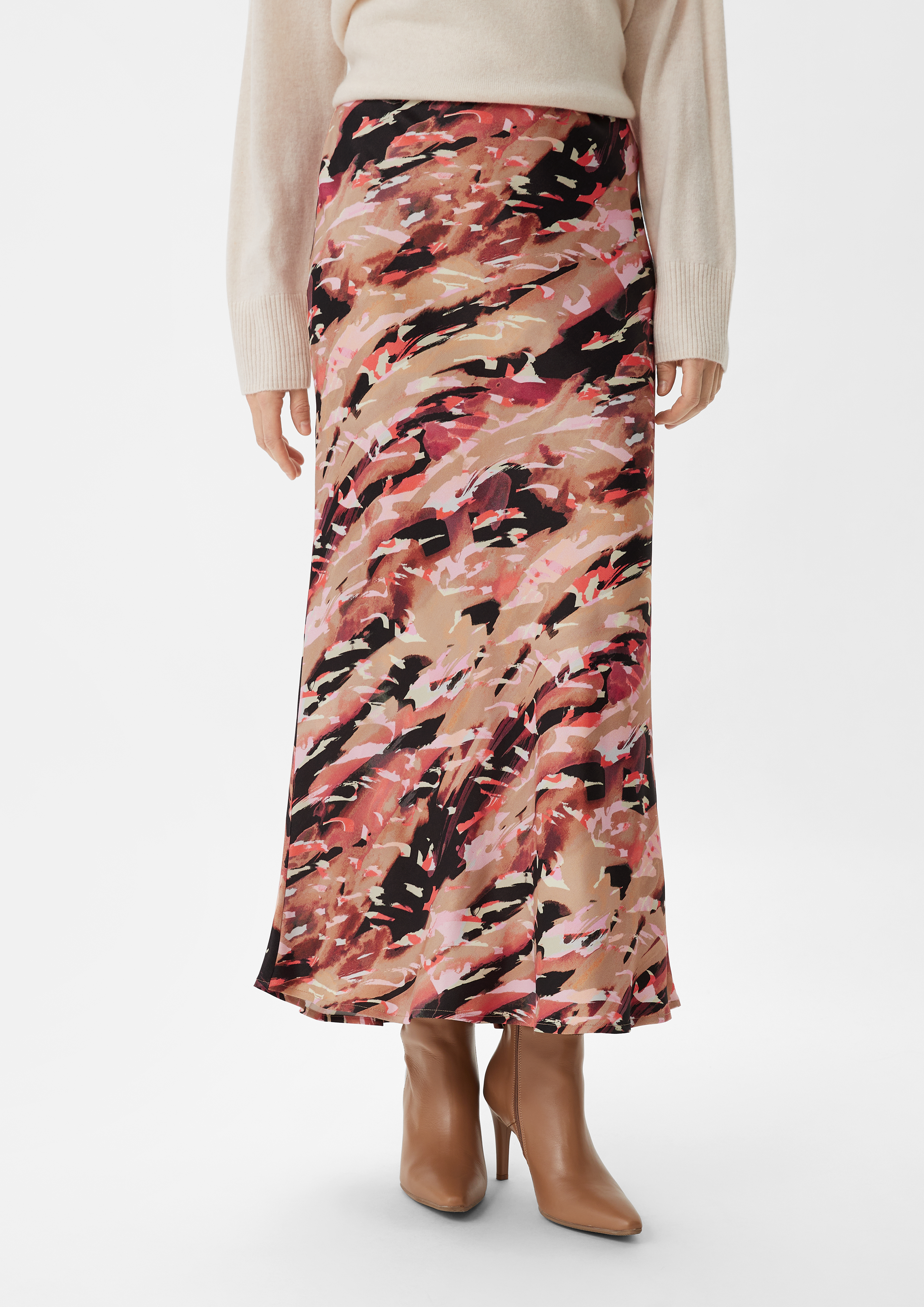 Long satin skirt in blended viscose - light brown | Comma