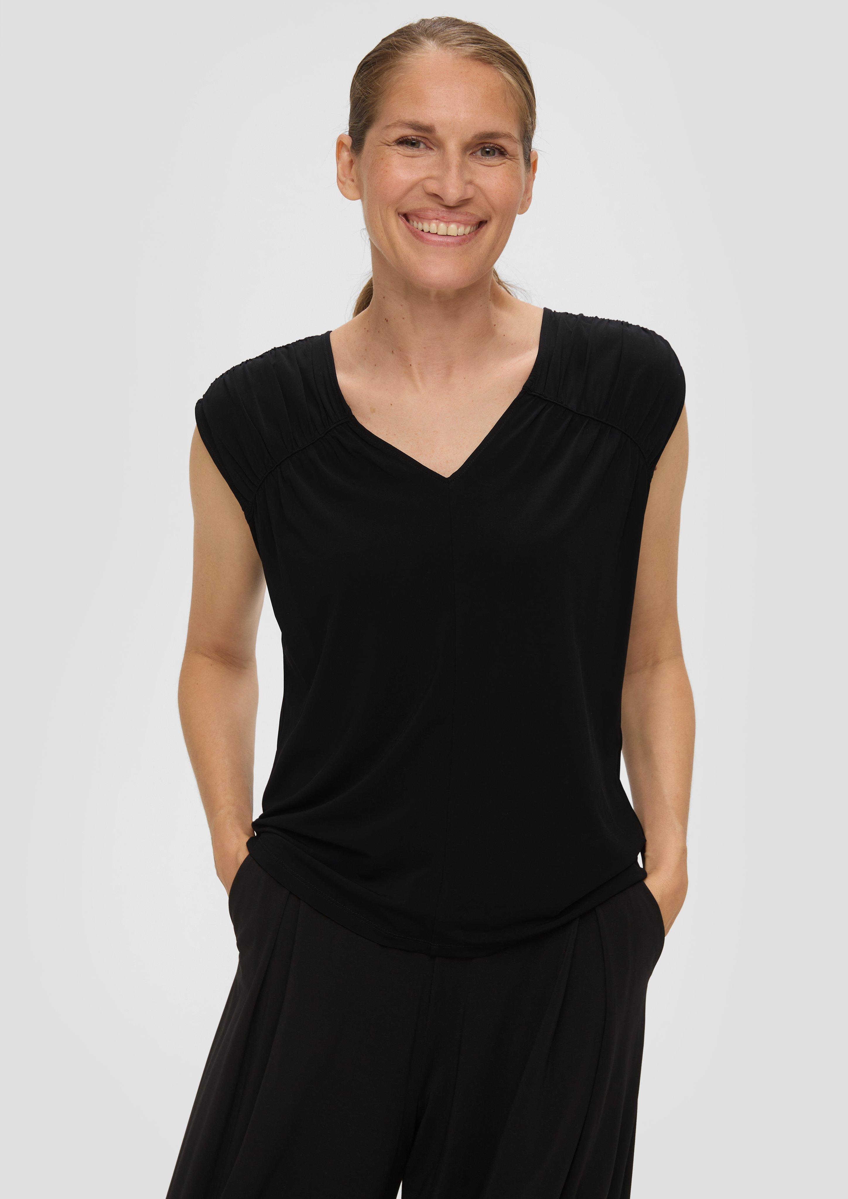 Stretch viscose shirt blouse with gathers at the shoulder - black | s ...