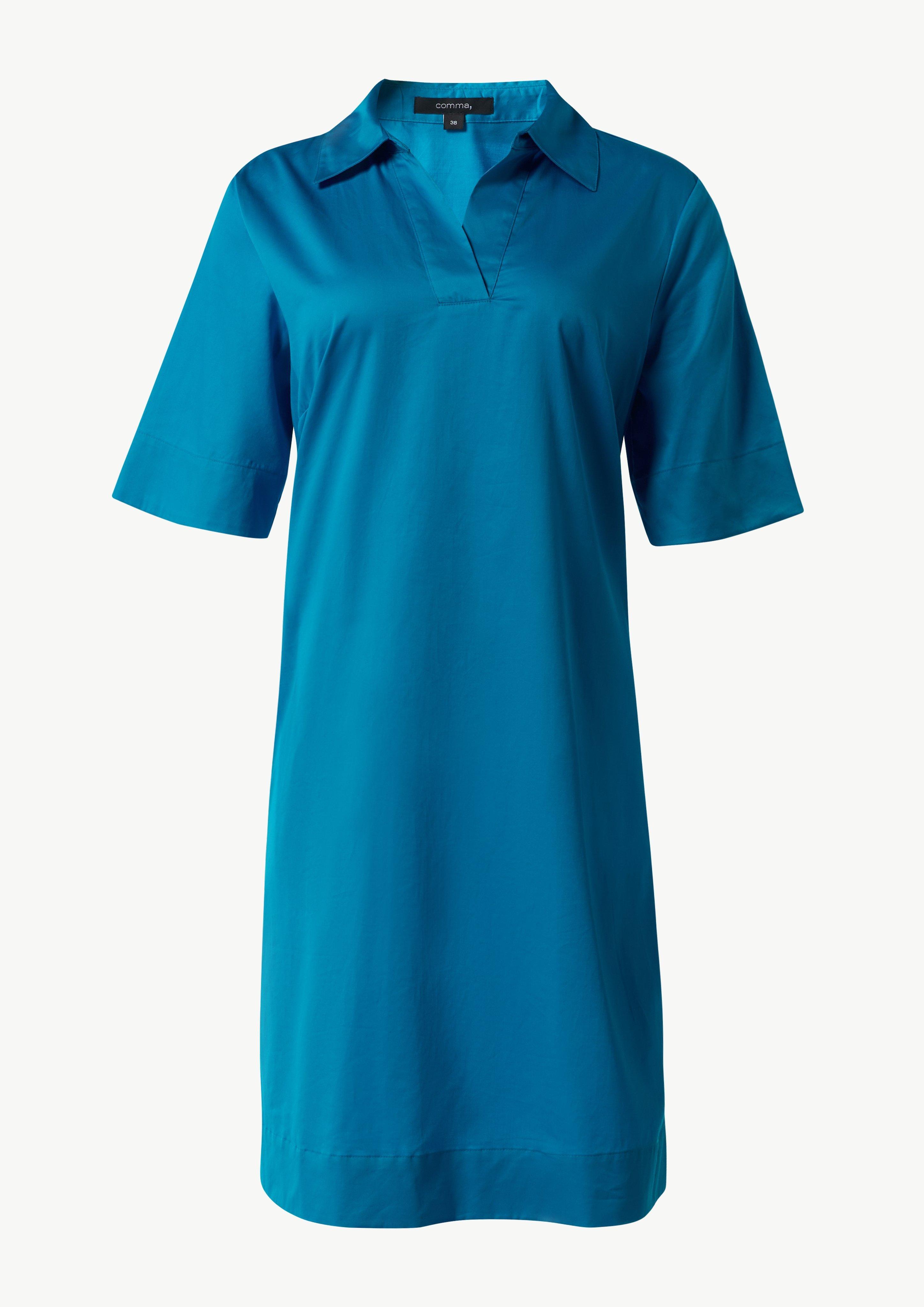 Cotton dress with a shirt collar and slit pockets - ocean Cotton dress with a shirt collar and slit pockets - ocean